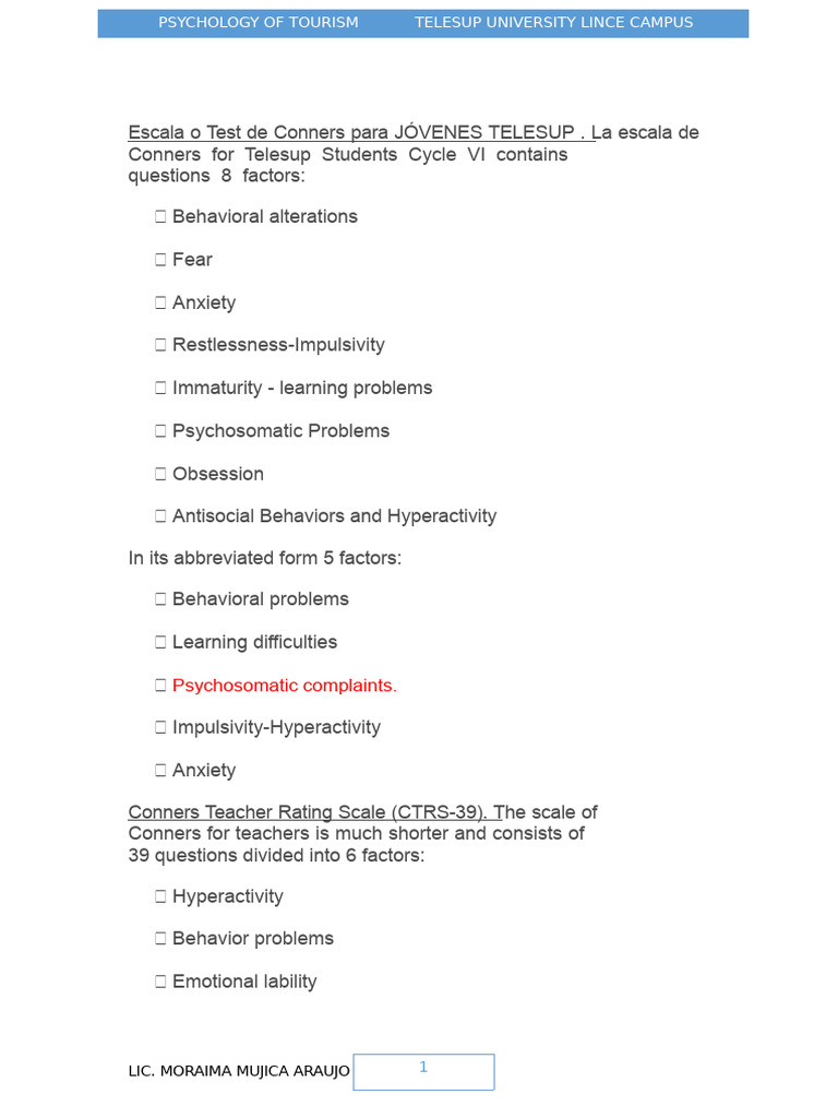 Conners Scale or Conners Test For Youth | PDF | Attention Deficit ...