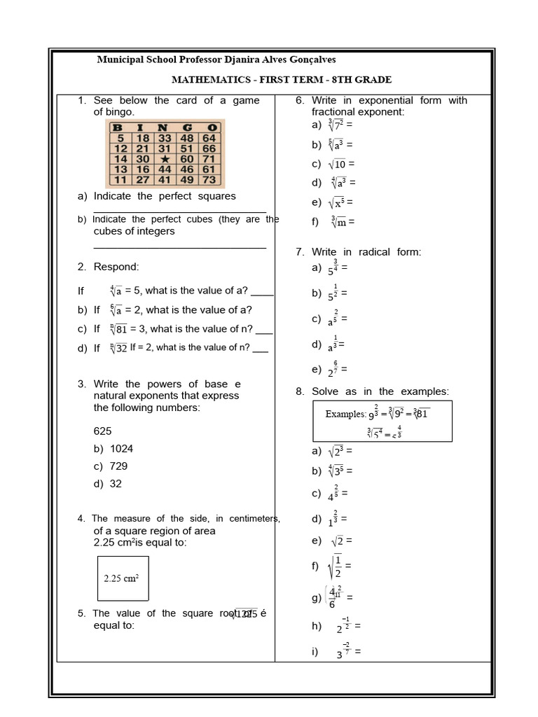 8th Grade Math Bingo Game Worksheet | PDF | Square Root | Exponentiation