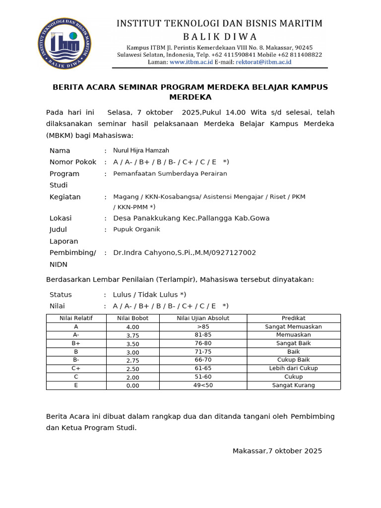 Berita Acara Nurul Hijra Hamzah | PDF