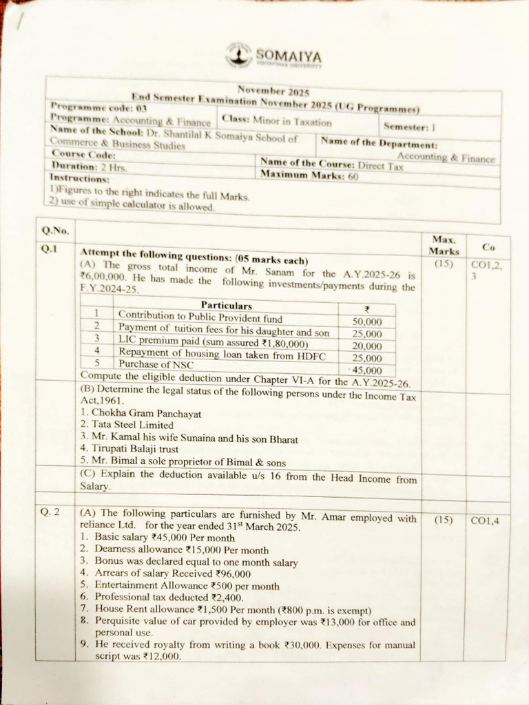 Tax Q Paper First Sem | PDF