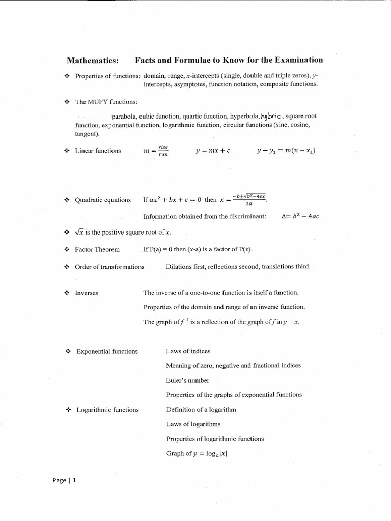 Facts For The Mathematics Exam | PDF
