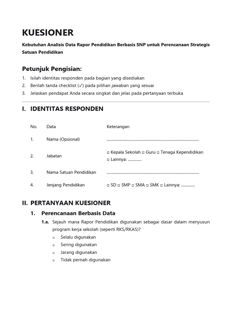 Kuesioner Analisis Data Rapor Pendidikan | PDF