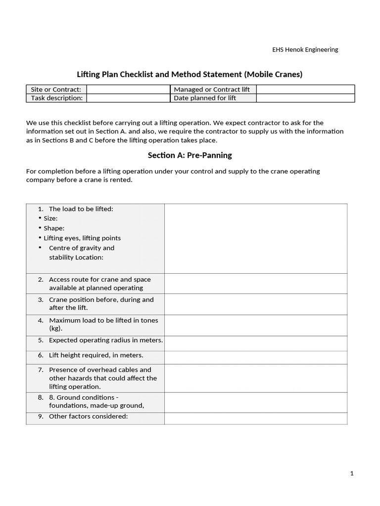 Crane Lifting Plan and Method Checklist | PDF | Crane (Machine)