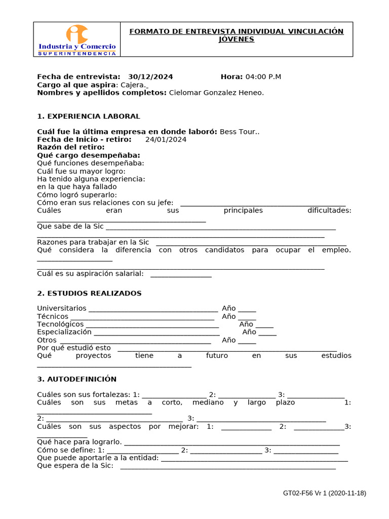 GT02-F56 Formato de Entrevista Individual Vinculación Jóvenes | PDF ...