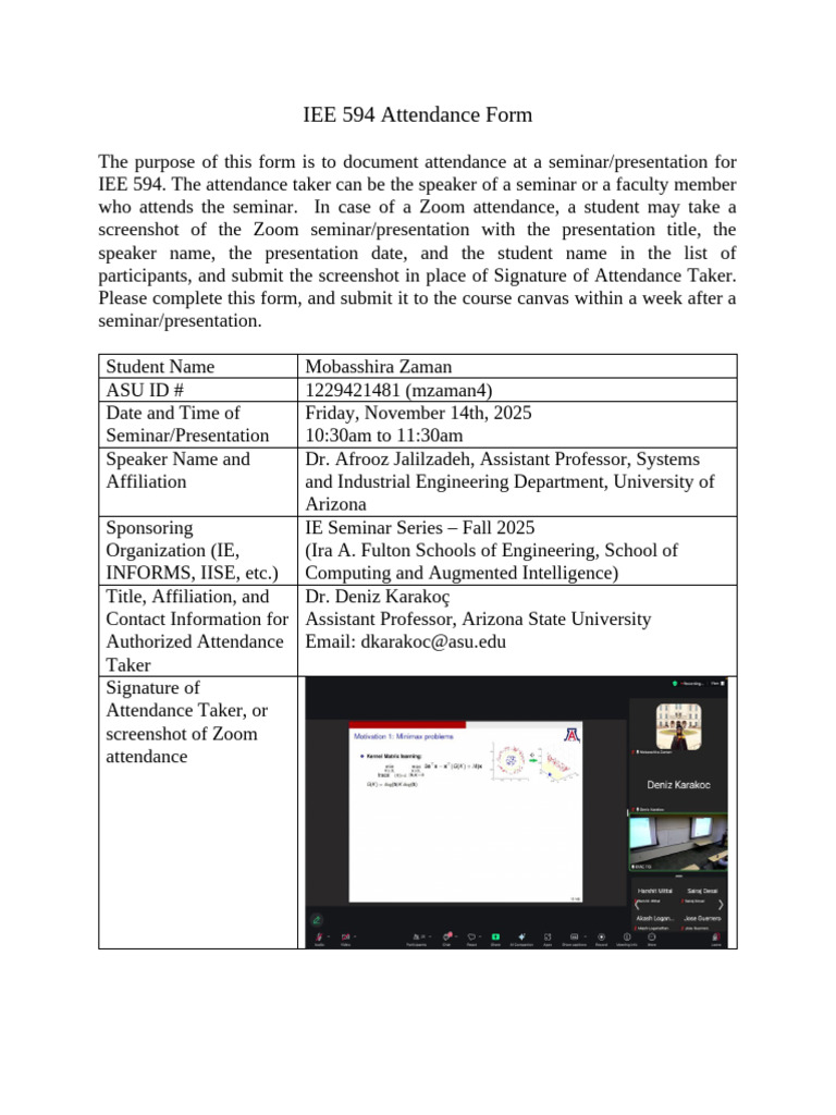 IEE 594 Seminar Attendance Form | PDF