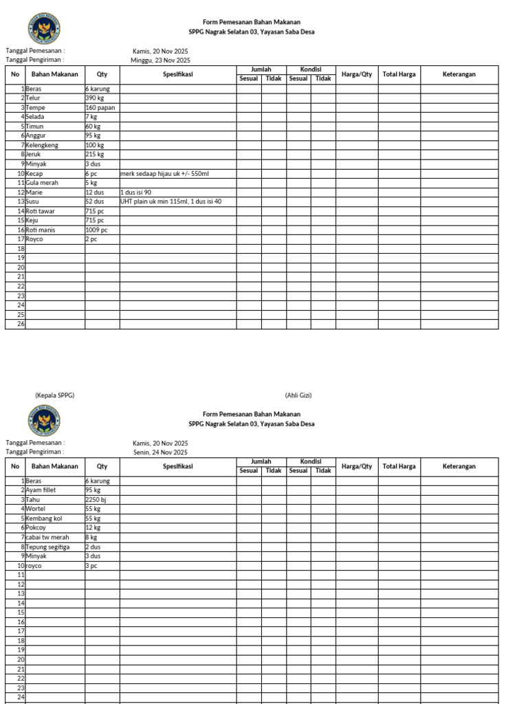 Form Pemesanan Bahan Makanan SPPG | PDF