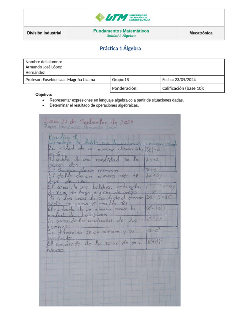 Práctica 1 - 1B | PDF | Álgebra | Matemáticas