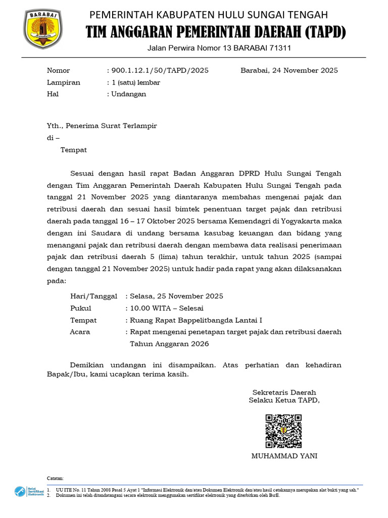 Surat Undangan SKPD Tentang Pajak Dan Retribusi - Signed | PDF