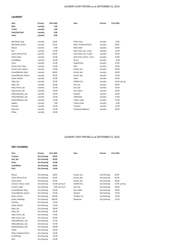 Laundry Chief Price List | PDF | Blouse | Clothing