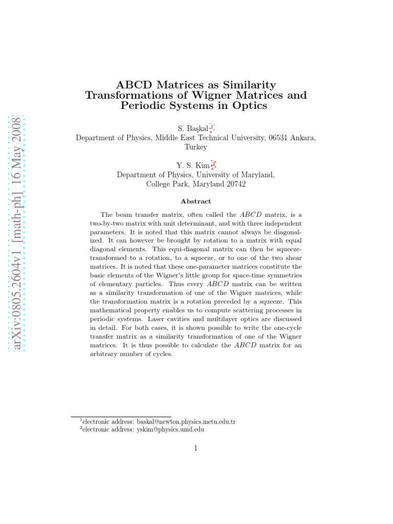 ABCD Matrices As Similarity Transformations of Wigner Matrices and Periodic Systems in Optics ...