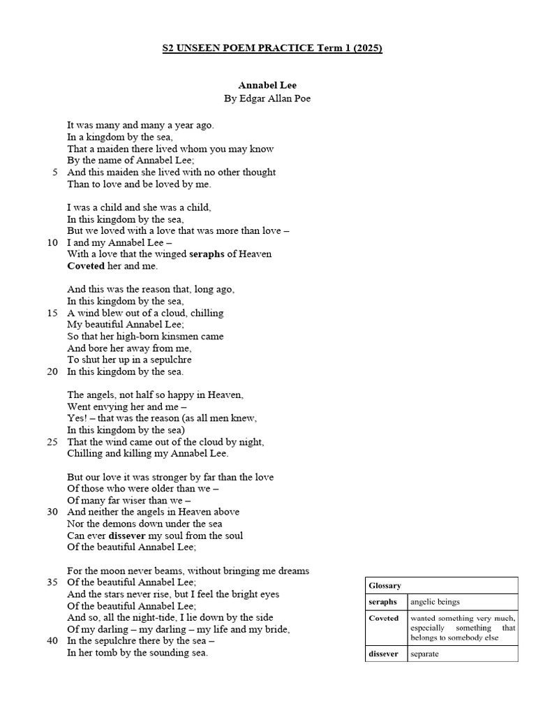 Annabel Lee Poem Analysis and Practice | PDF