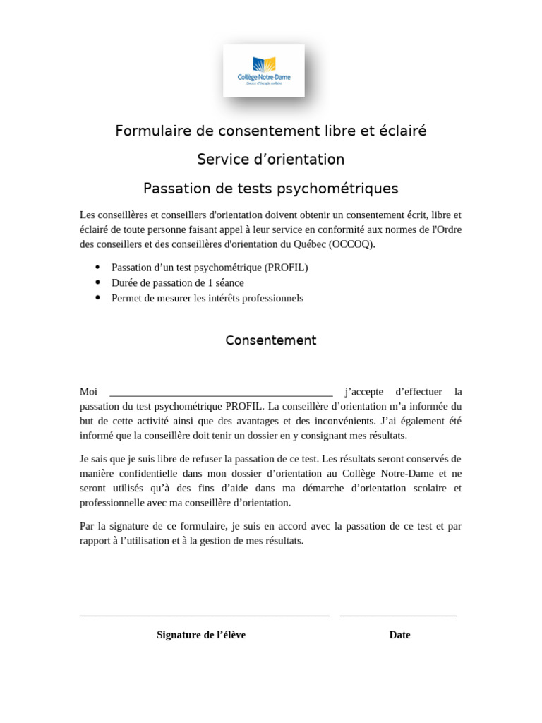 Consentement pour Test Psychométrique PROFIL | PDF