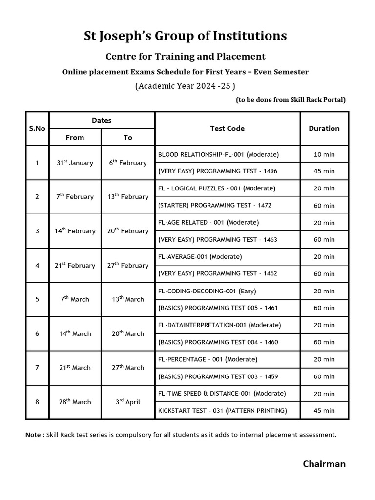 Skill Rack Assesment Schedule - 1st Year | PDF | Educational Stages | Higher Education