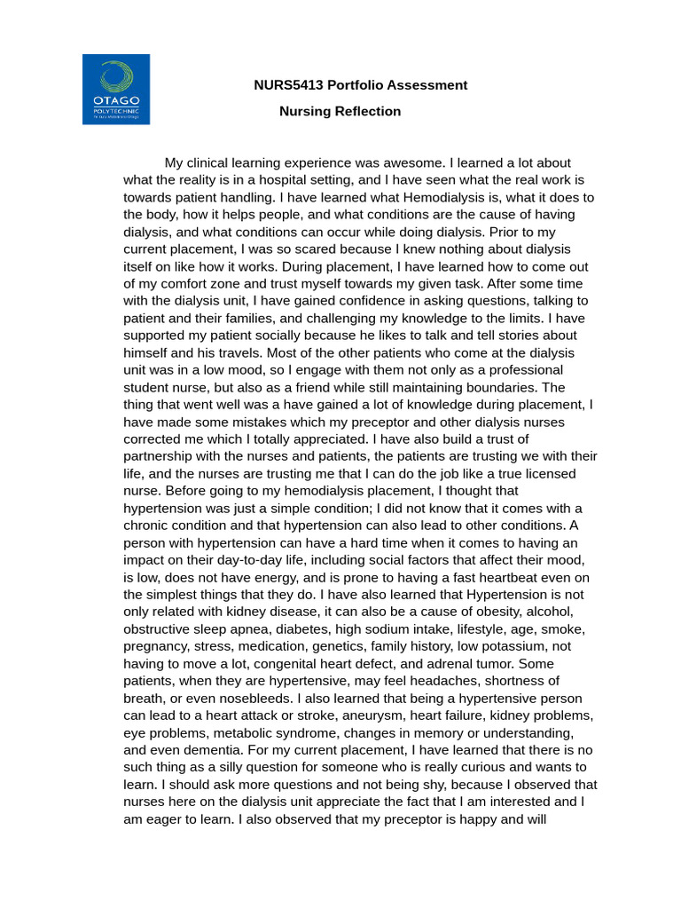 Nursing Reflection on Hemodialysis Experience | PDF | Hemodialysis ...