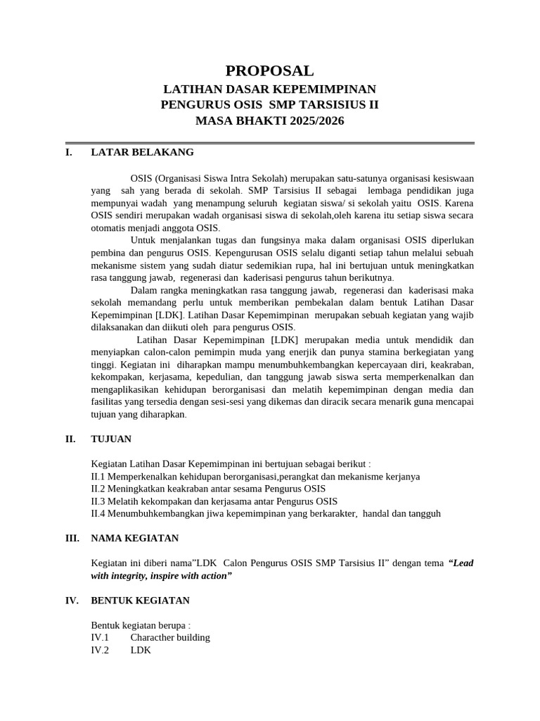 LDK Pengurus OSIS SMP Tarsisius II 2025 | PDF