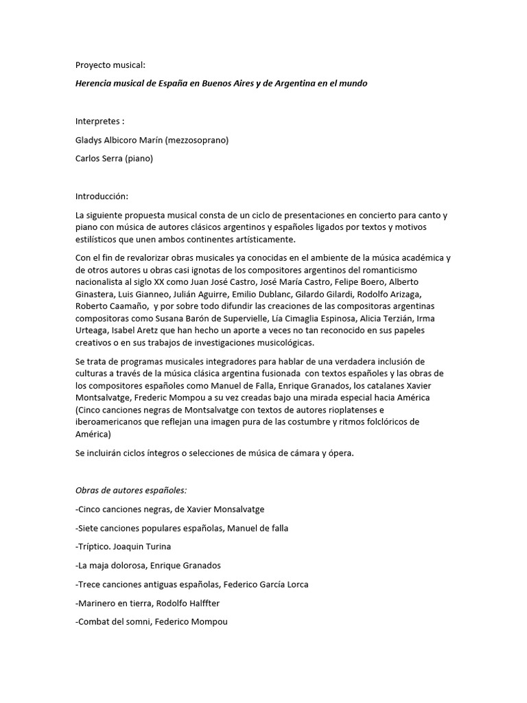 Proyecto Música Vocal de Cámara Argentina y Española1 | PDF | Canciones ...
