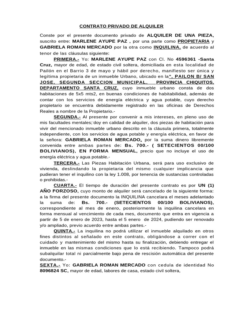 Contrato Privado de Alquiler Marlene | PDF