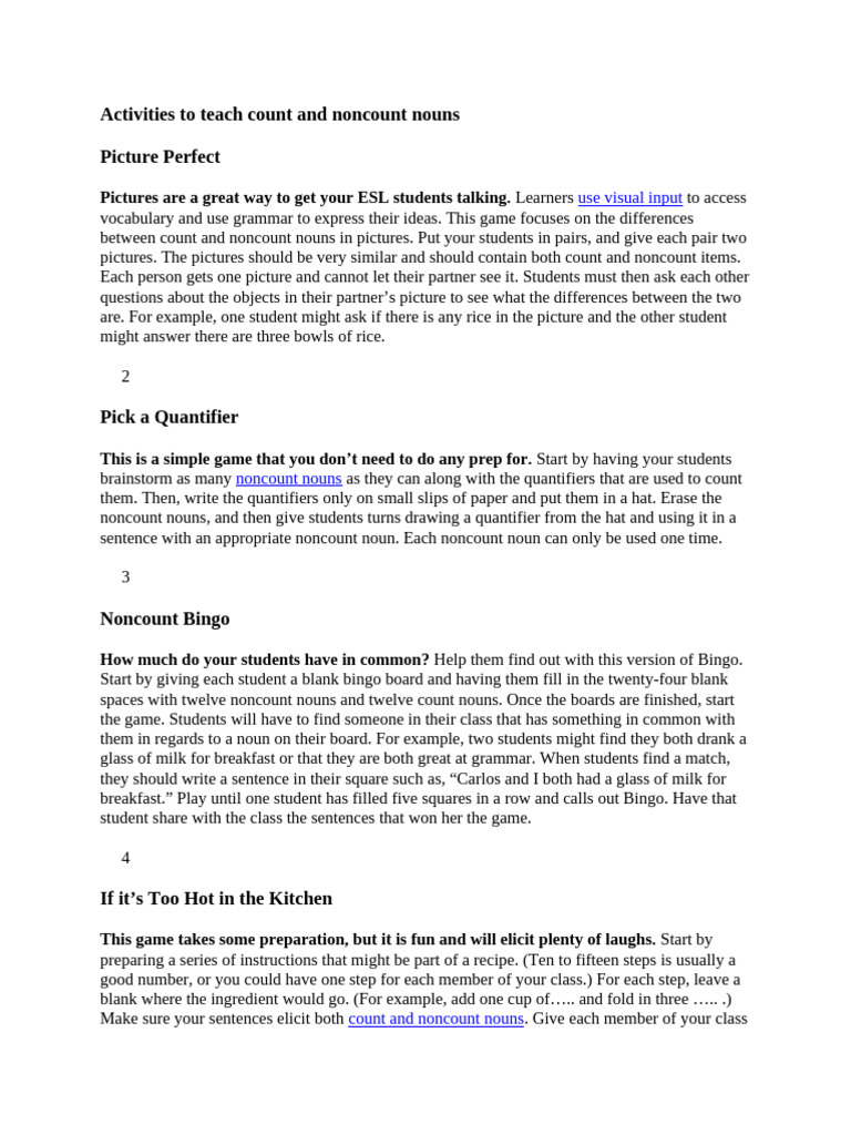 Activities To Teach Count and Noncount Nouns | PDF | Linguistics