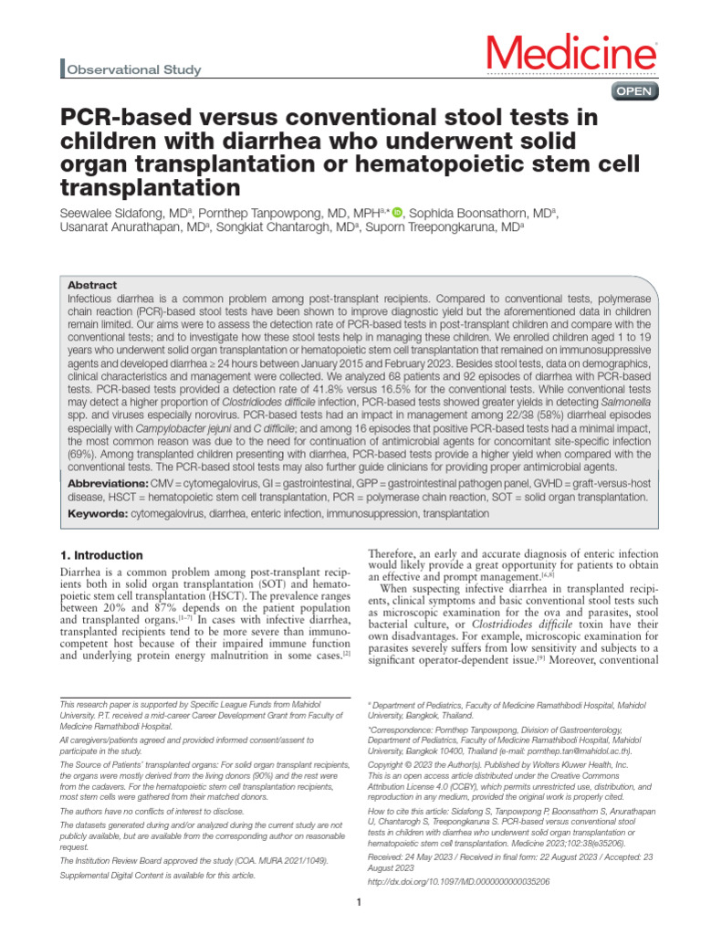 PCR Based Versus Conventional Stool Tests In.32 | PDF | Diarrhea ...