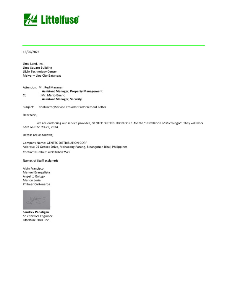 Contractor Endorsement for Gentec Corp. | PDF