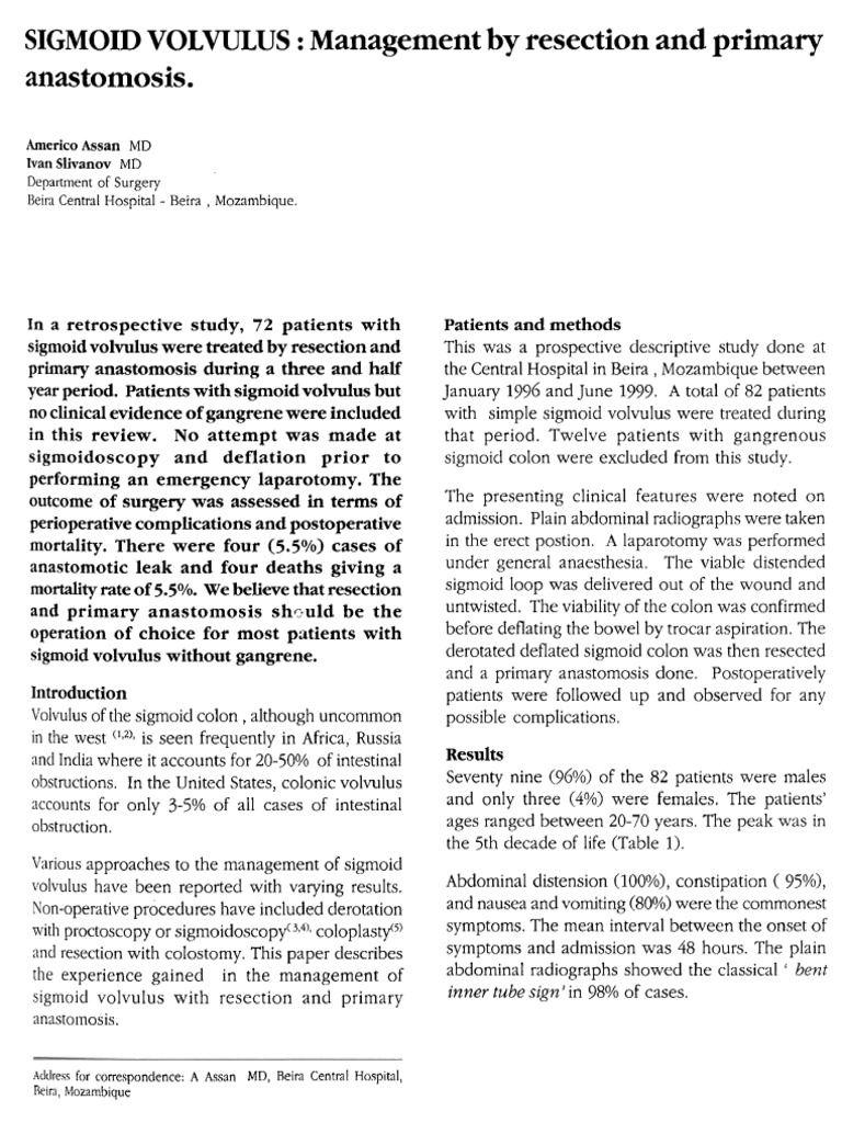 Sigmoid Volvulus Management by Resection and Primary Anastomosis | PDF ...