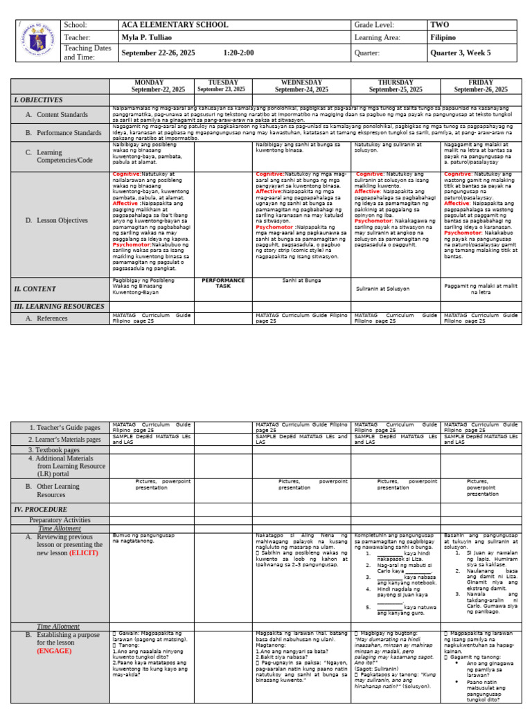 DLL Filipino Q2 W5 | PDF