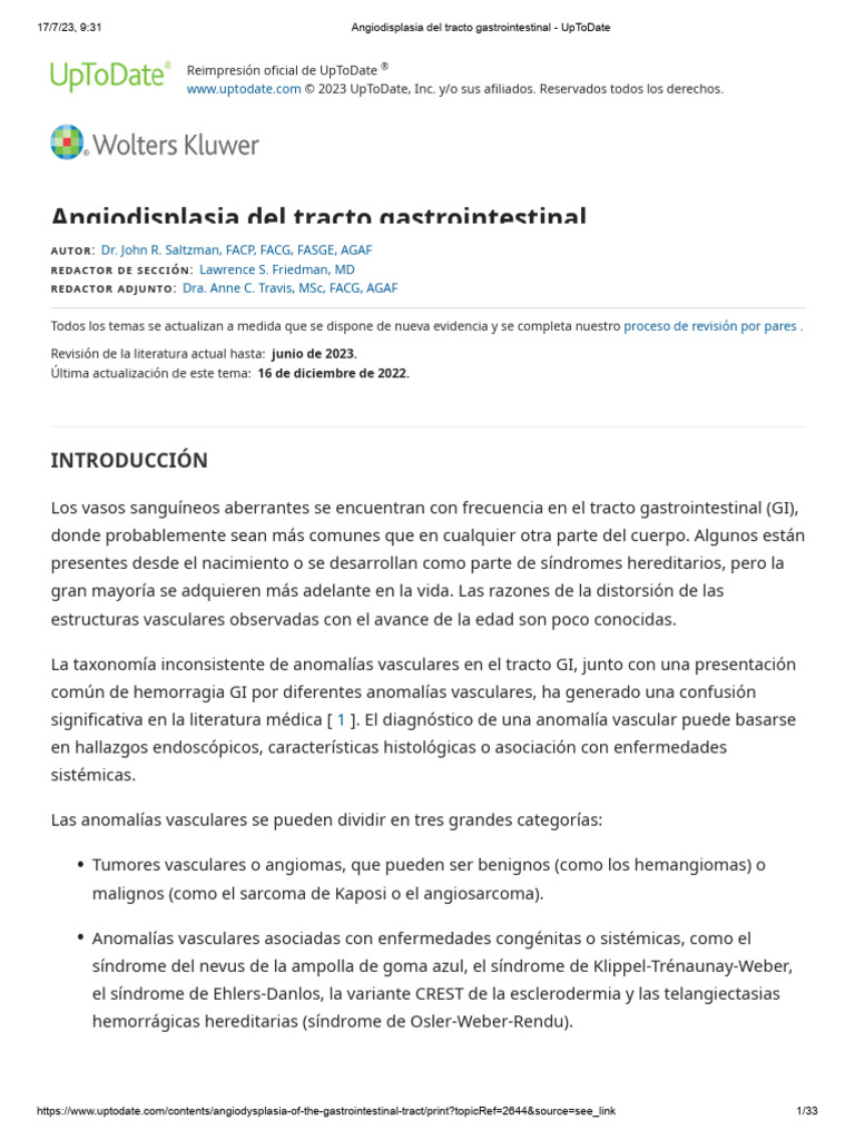 Angiodisplasia Del Tracto Gastrointestinal - UpToDate | PDF | Intestino ...