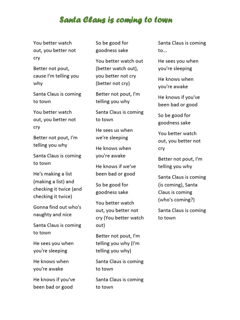 Santa Claus is Coming to Town Lyrics | PDF