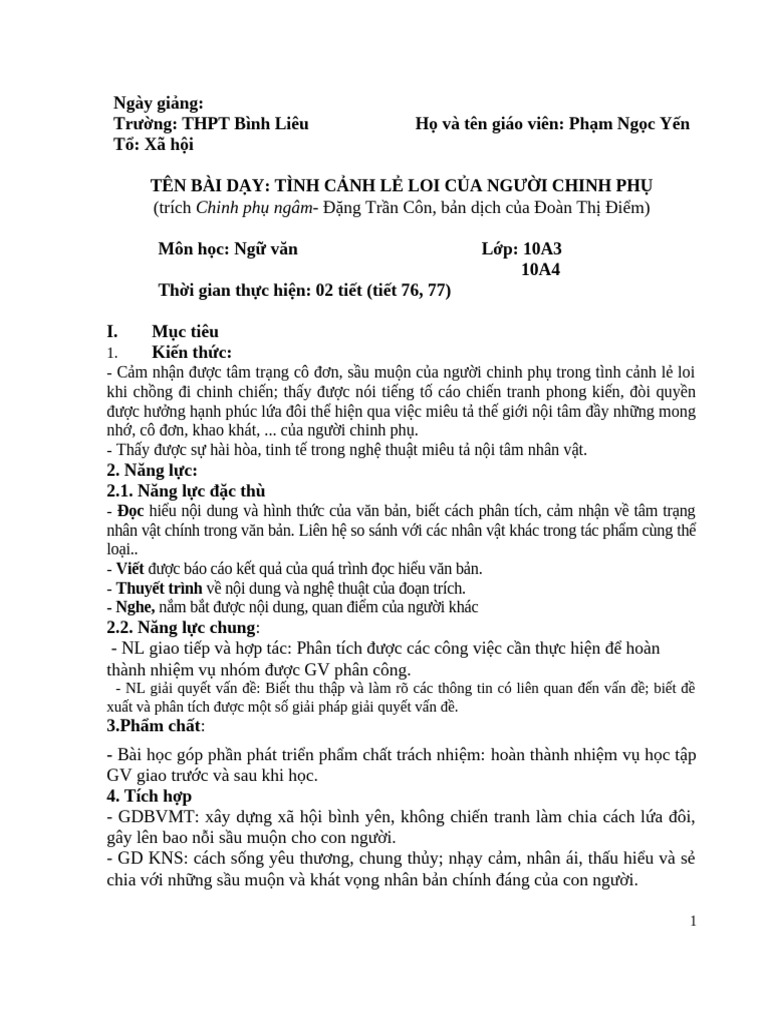 Lớp 10_ngữ Văn_tiết 76,77_ Tình Cảnh Lẻ Loi Của Người Chinh Phụ | PDF