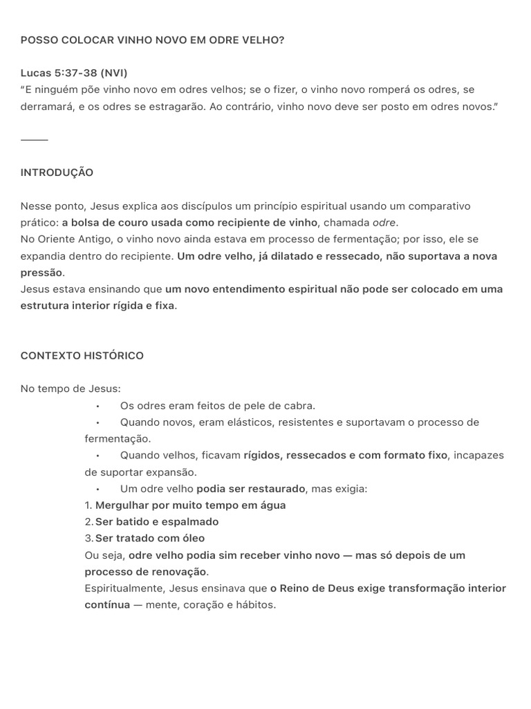Vinho Novo em Odre Velho: Transformação Espiritual | PDF