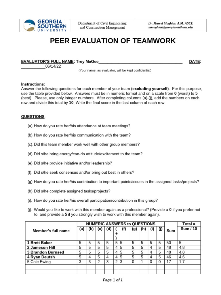 Peer Evaluation of Teamwork Scores | PDF