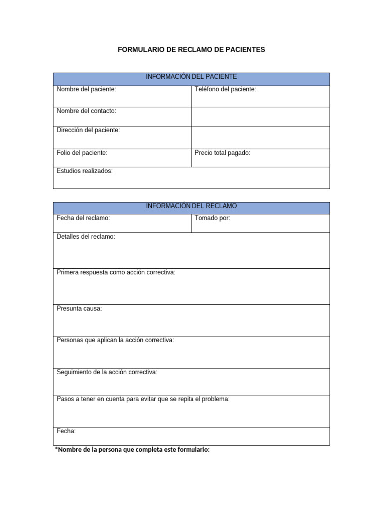 Formulario de Reclamo de Pacientes | PDF