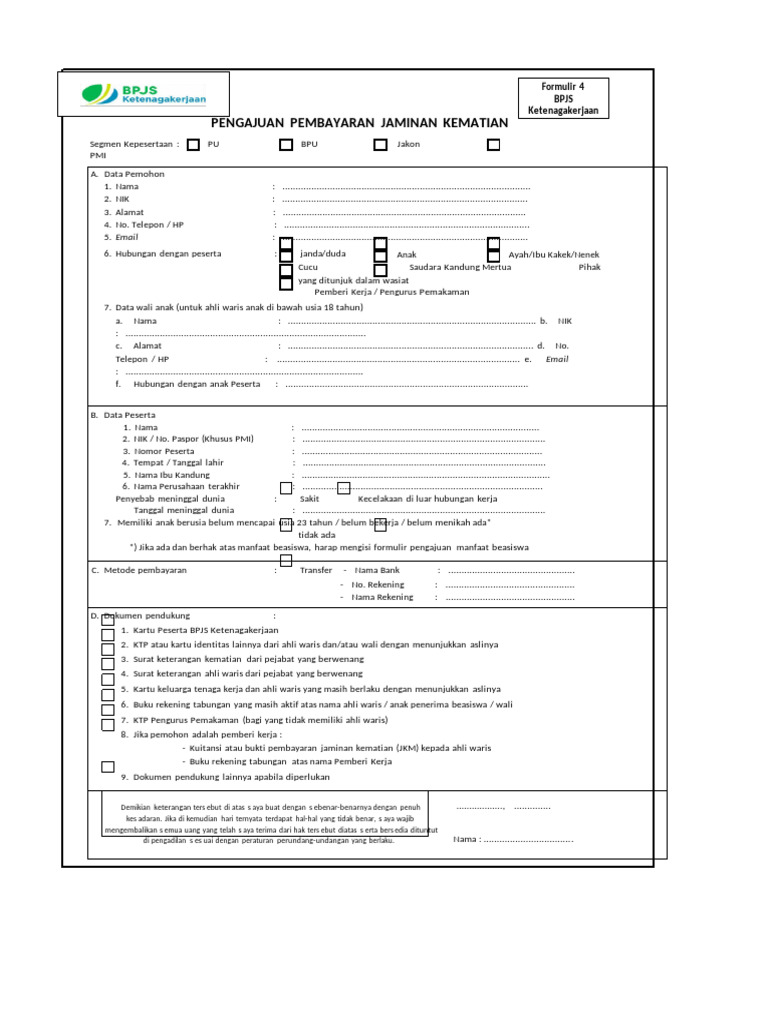 Formulir 4 BPJS Ketenagakerjaan | PDF