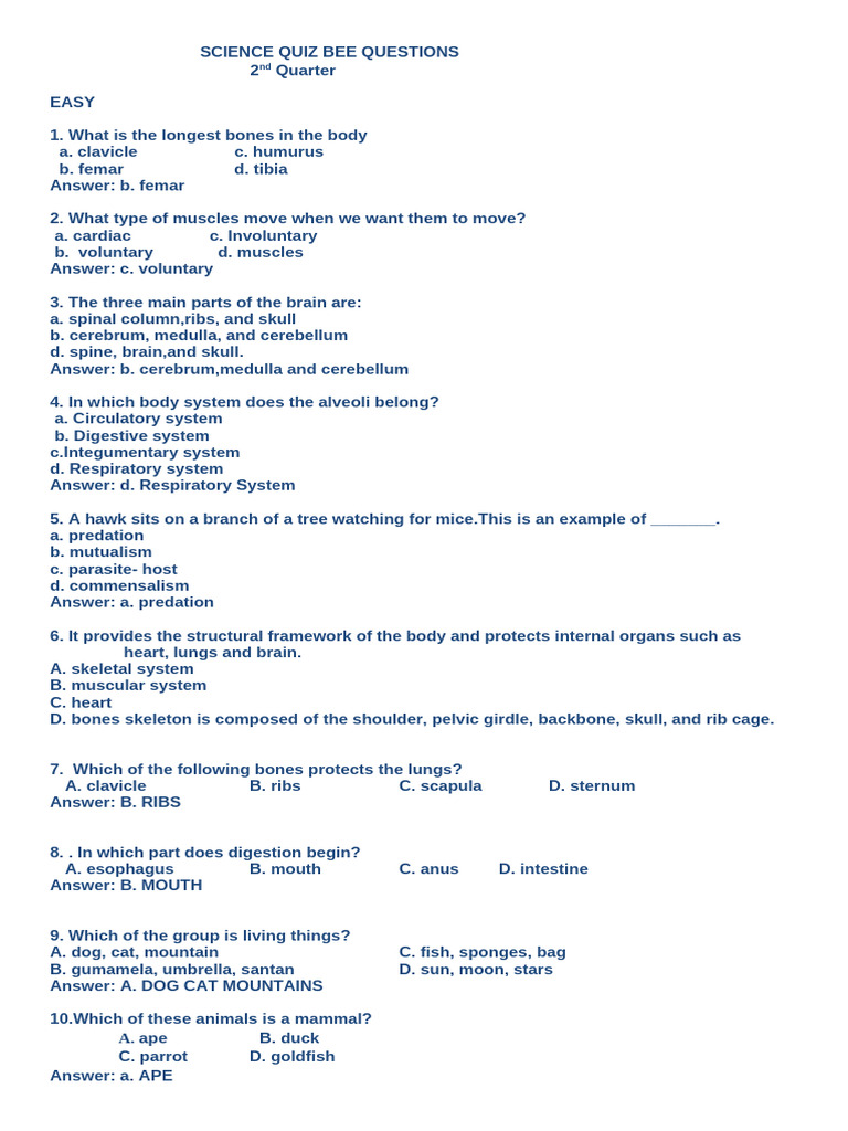 Science Quiz Bee 2ND Quarter | PDF | Circulatory System | Respiratory System
