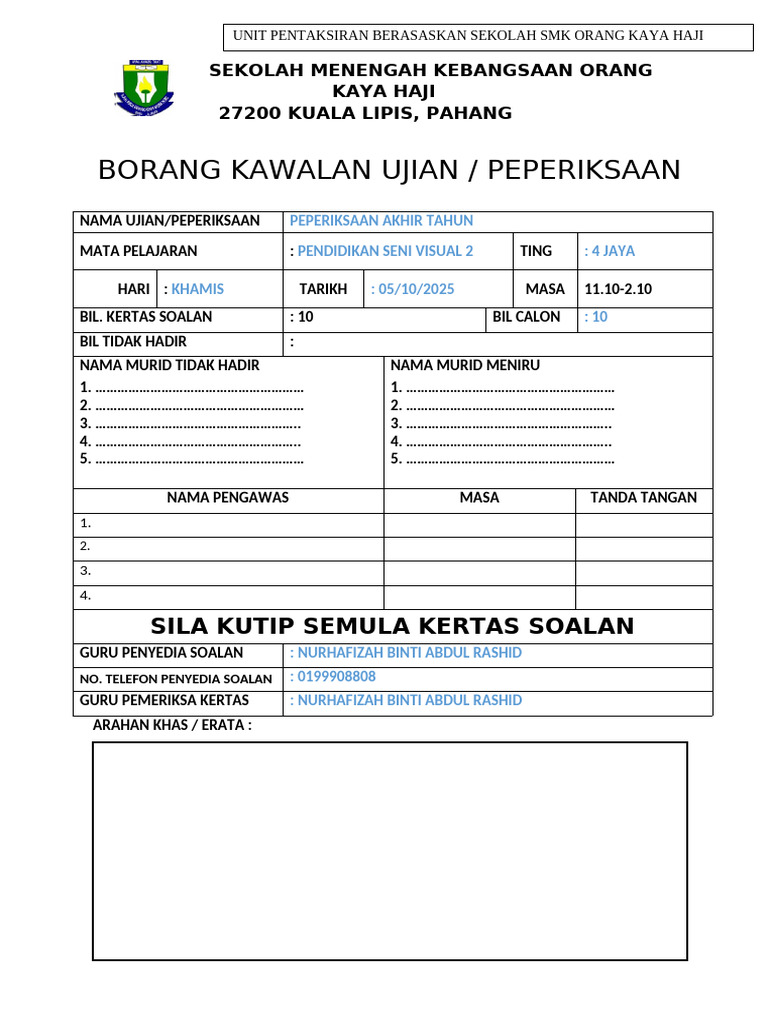 Borang Kawalan Peperiksaan Smkokh | PDF