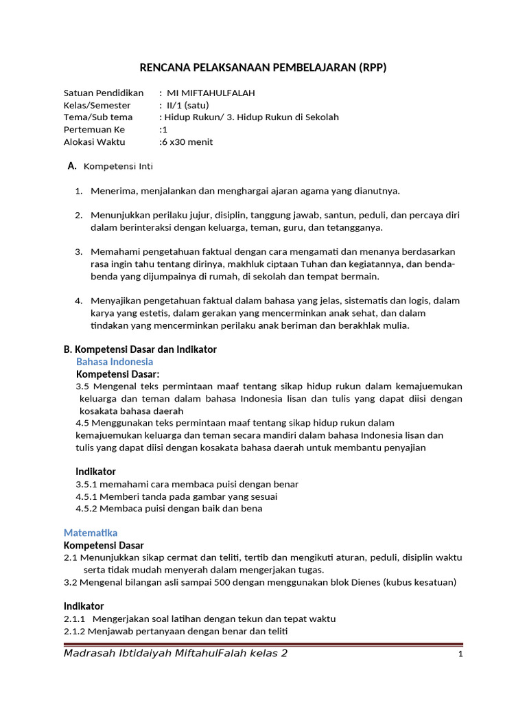 Kelas 2A Sub 3 Hidup Rukun Di Sekolah RPP 123456 - Edit | PDF
