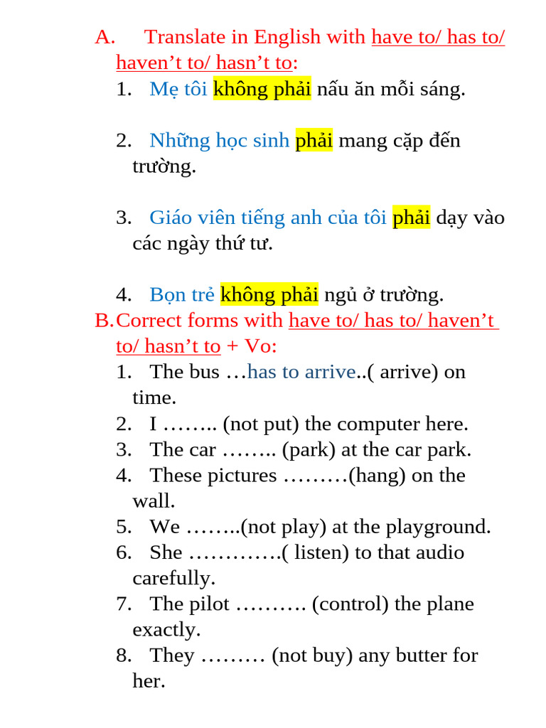 Exercises With Have To and Has To | PDF