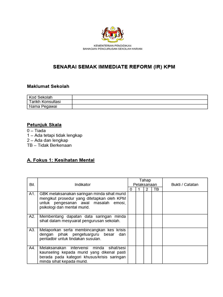 Ir Sekolah Senarai Semak Immediate Reform | PDF