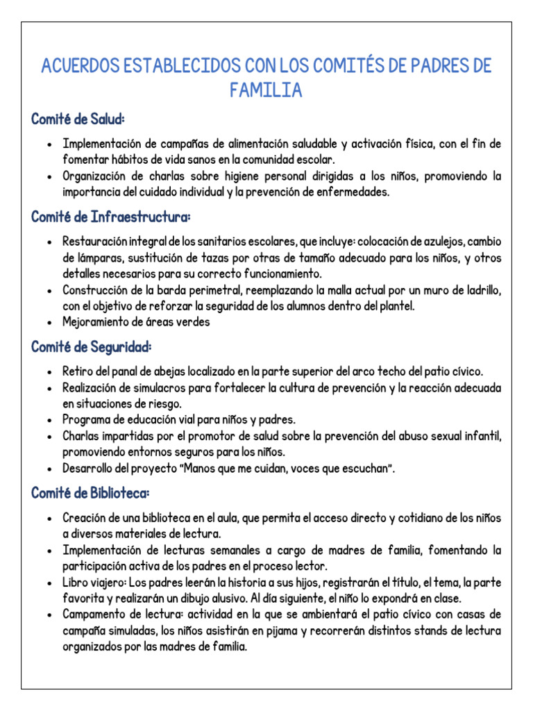 Acuerdos Establecidos Con Los Comités de Padres de Familia | PDF