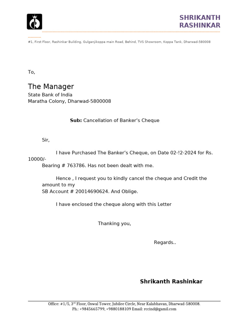Request for Banker’s Cheque Cancellation | PDF