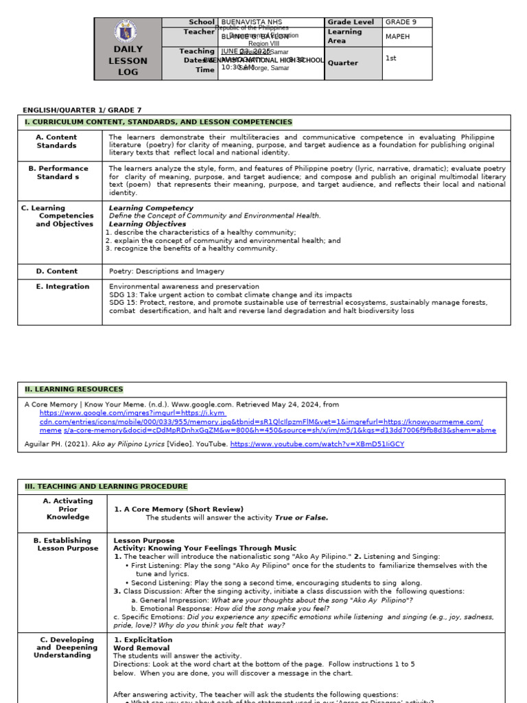 Lesson Plan Grade 9 (Week 1) | PDF | Human Communication | Learning