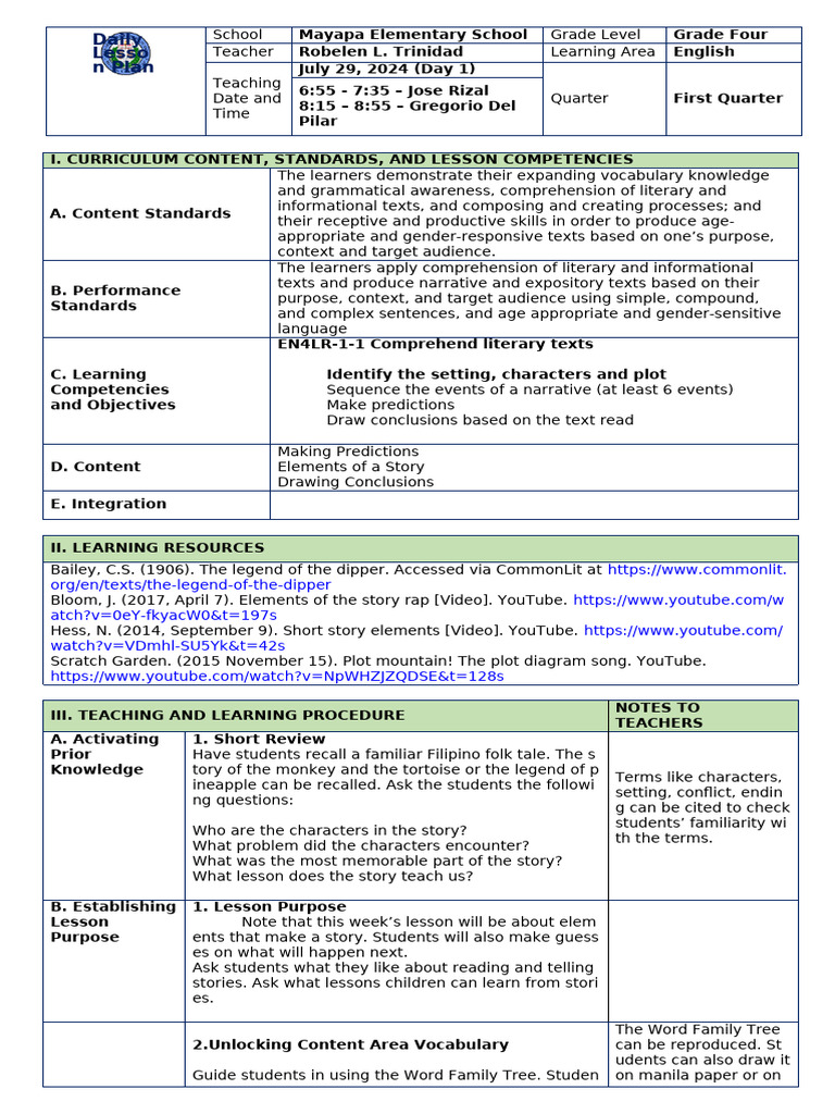 Grade 4 English Lesson Plan: Story Elements | PDF | Reading ...