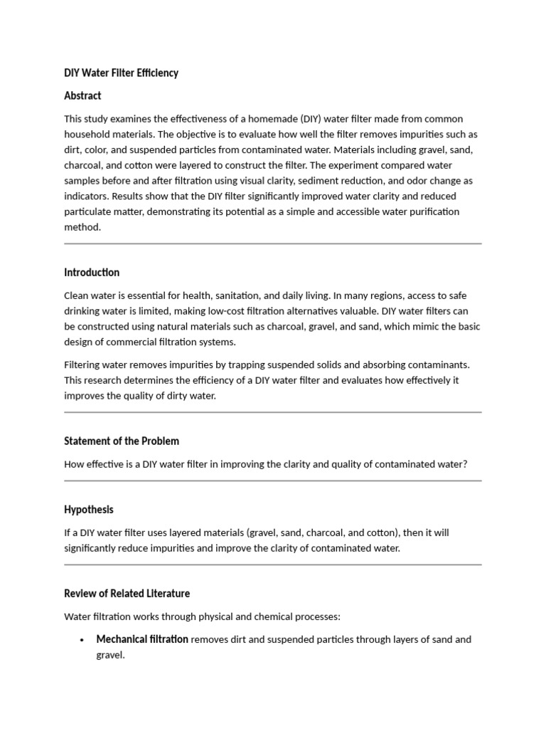 DIY Water Filter Effectiveness Study | PDF | Filtration | Water ...