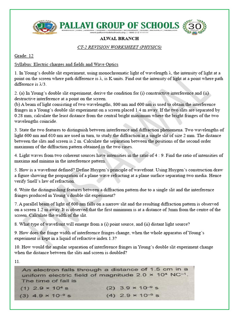 Ct2 Worksheet Grade 12 Physics | PDF | Diffraction | Wavelength