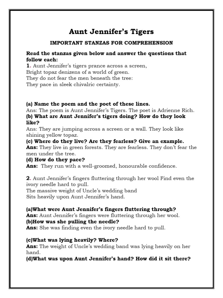Aunt Jennifer's Tigers: Poem Analysis | PDF | Poetry