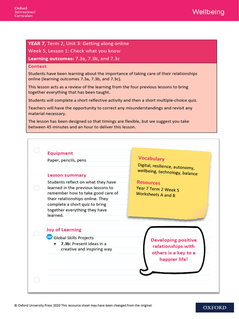 Year 7 Wellbeing Sample Lesson Plan | PDF | Multiple Choice | Social ...
