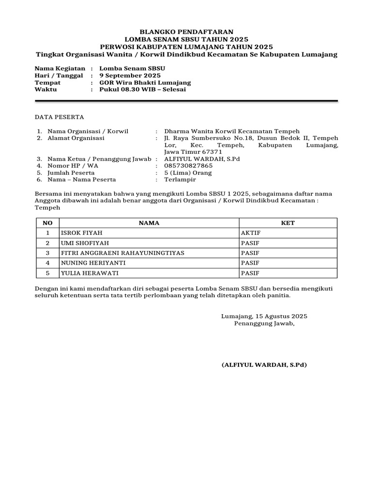 Pendaftaran Lomba Senam SBSU 2025 | PDF