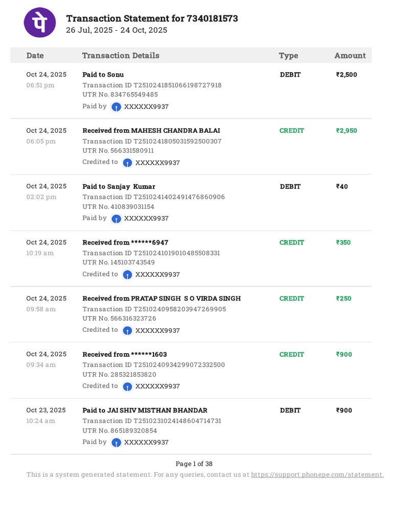 PhonePe Statement Jul2025 Oct2025 | PDF | Debit Card | Business