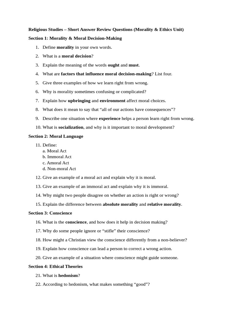 Morality & Ethics Review Questions | PDF | Punishments | Justice
