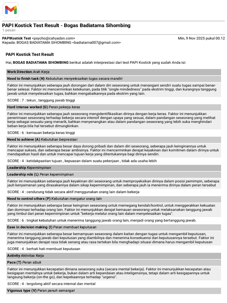 Gmail - PAPI Kostick Test Result - Bogas Badiatama Sihombing | PDF